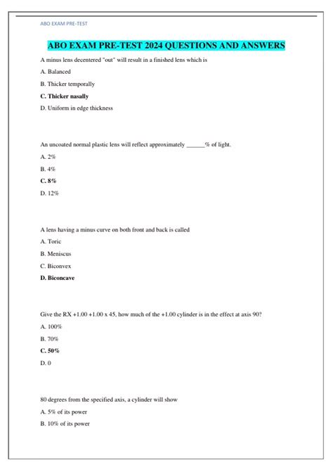 Abo Exam Pre Test 2024 Questions And Answers Abo Stuvia Us