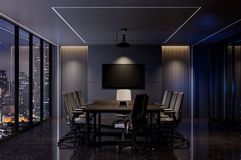 도시 전망 배경 3d 렌더링이 있는 현대적인 스타일의 럭셔리 블랙 회의실 인테리어의 야경 조명 장비에 대한 스톡 사진 및 기타 이미지 조명 장비 큐비클 0명 Istock