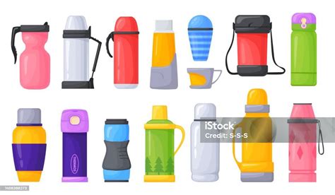 만화 보온병 여행 열 용기 따뜻한 차 커피 물 음료를 저장하기위한 크롬 열 플라스크 병 강철 핸들 컵 가져 오기 하이킹 에코 머그잔 깔끔한 벡터 일러스트 레이 션 이동 단열