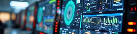 Close Up Of Digital Data Screens In Modern Control Room Monitoring System Stock Image Image Of