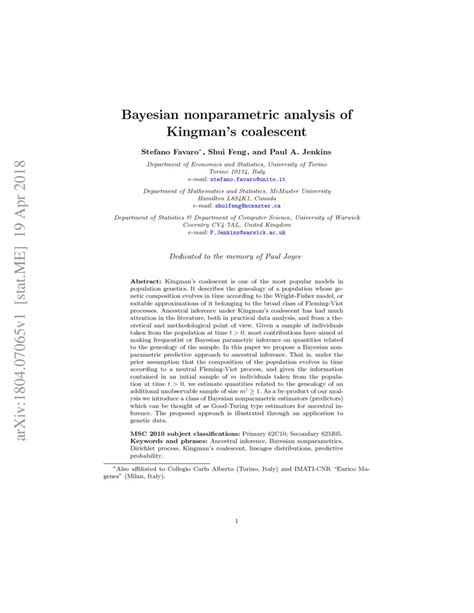 Bayesian Nonparametric Analysis Of Kingmans Coalescent Deepai