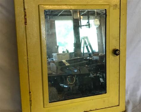 Vtg Industrial Metal Recessed 17x21 Yellow Mirror Medicine Cabinet Old