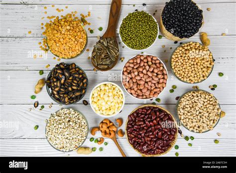 Different Whole Grains Beans On Bowl And Legumes Seeds Lentils And Nuts