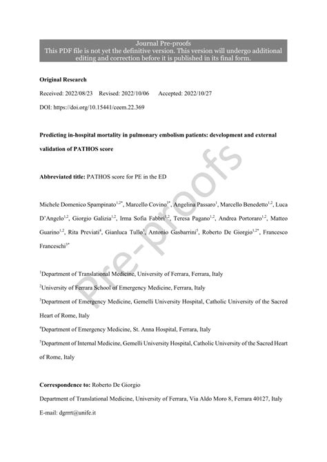 Pdf Predicting In Hospital Mortality In Pulmonary Embolism Patients Development And External