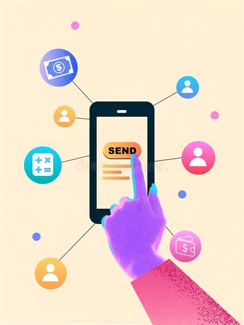 Collage Of Hand Tapping Send Button On Mobile App With Finance Icons