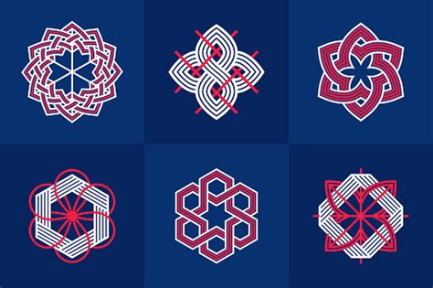 추상 기하학적 선형 기호 벡터 세트 로고 생성을위한 그래픽 디자인 요소 얽힌 선 빈티지 스타일 아이콘 컬렉션 개념에 대한 스톡