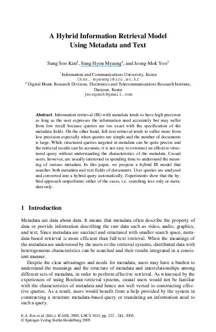 Pdf A Hybrid Information Retrieval Model Using Metadata And Text