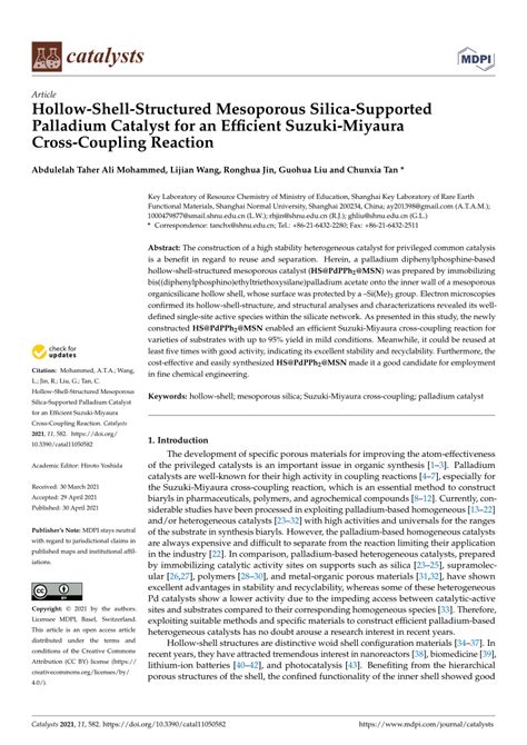 Pdf Hollow Shell Structured Mesoporous Silica Supported Palladium Catalyst For An Efficient