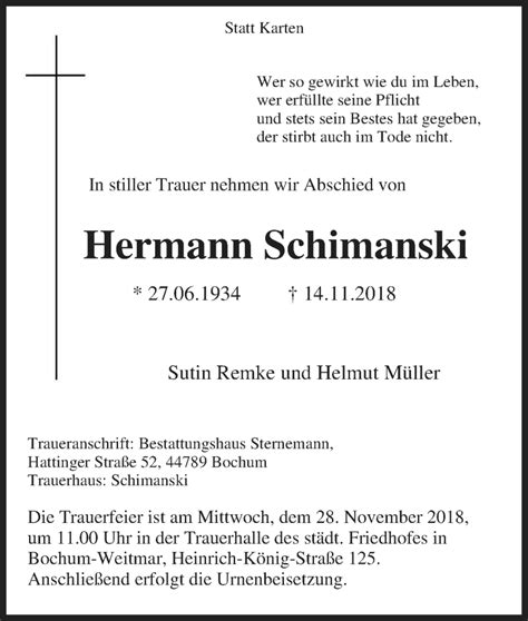 Traueranzeigen Von Hermann Schimanski Trauer In Nrwde