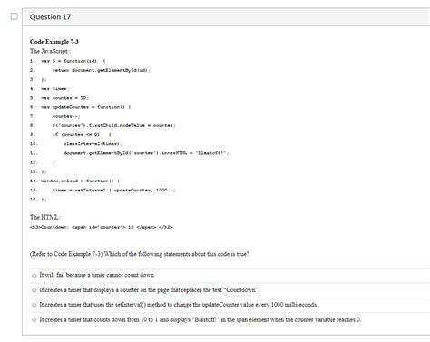 Solved Question 17 Code Example 7 3 The Javascript Var