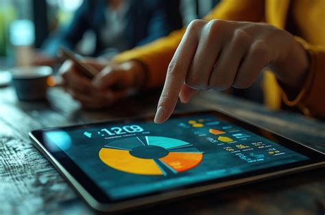 Engaging Business Meeting With Colorful Data Visualization On Tablet In Modern Office Setting