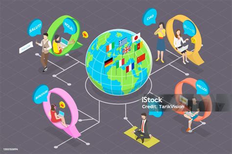 국제 커뮤니케이션의 3d 이소메트릭 플랫 벡터 개념 적 일러스트 다국어에 대한 스톡 벡터 아트 및 기타 이미지 다국어 소셜