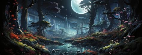 Mystical Forest Landscape With Glowing Flora Serene Water And