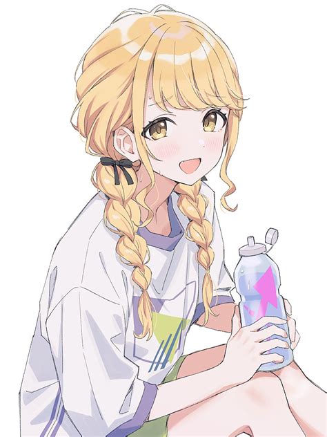 Safebooru 1girl Agt Bp Bare Legs Blonde Hair Blush Bottle Fang Feet