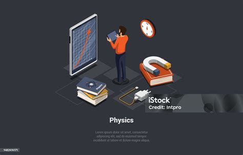 물리학 과목 교육 및 과학 개념을 공부합니다 태블릿 제어 데이터 차트를 가진 남자 남성 캐릭터 과학자는 물리학을 공부하고 전기를 탐구합니다 아이소메트릭 3d 만화 벡터
