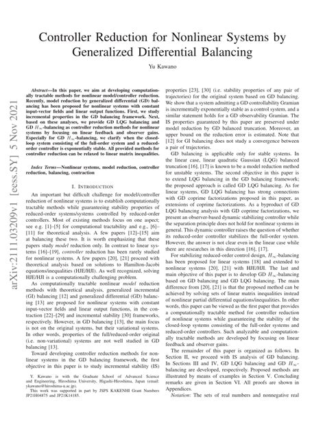 Pdf Controller Reduction For Nonlinear Systems By Generalized Differential Balancing