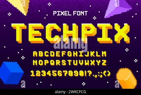 Pixel font. Isometric video game alphabet retro style 90s cubic letters vector 3d Stock Vector ...