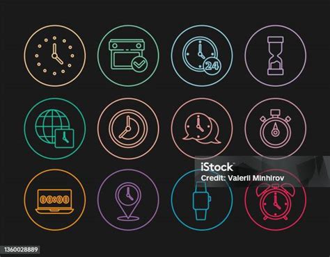 라인 알람 시계 스톱워치 시계 24시간 세계 시간 음성 거품 및 캘린더에 체크 표시 아이콘이 표시되어 있습니다 벡터 0명에 대한 스톡 벡터 아트 및 기타 이미지 Istock