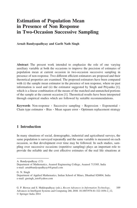 PDF Estimation Of Population Mean In Presence Of Non Response In Two Occasion Successive Sampling