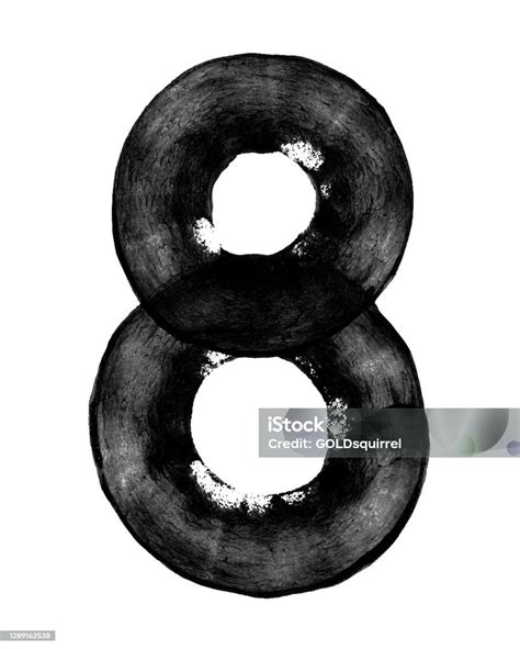 서로 위에 쌓인 두 개의 연결된 원은 숫자 8을 형성합니다 두꺼운 검은 색 아크릴 페인트에 담근 롤러로 만든 추상적 인 손으로