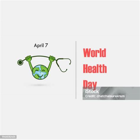 글로브 사인 및 아령 벡터 로고입니다 세계 보건의 날 아이콘입니다 세계 건강의 날 만화 마스코트 캐릭터 세계 건강의 날 아이디어 캠페인 개념입니다 벡터 일러스트 4월에 대한
