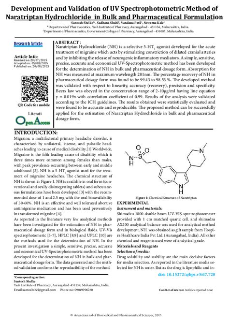 Pdf Development And Validation Of Uv Spectrophotometric Method Of Naratriptan Hydrochloride In