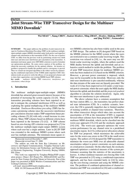 Pdf Joint Stream Wise Thp Transceiver Design For The Multiuser Mimo Downlink