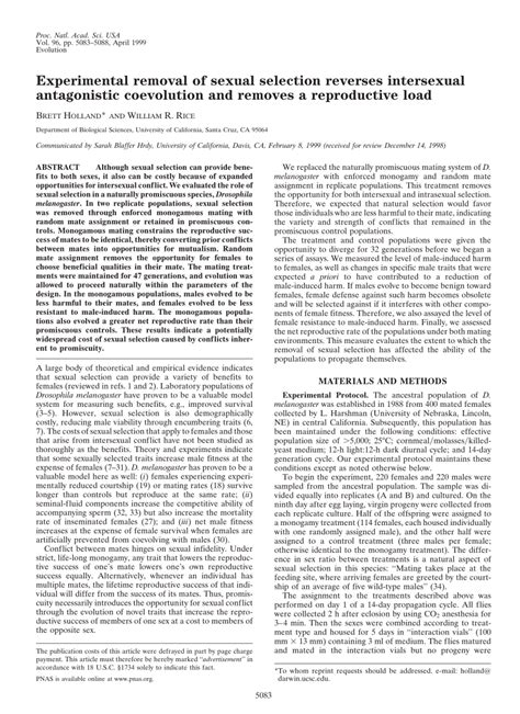Pdf Experimental Removal Of Sexual Selection Reverses Intersexual