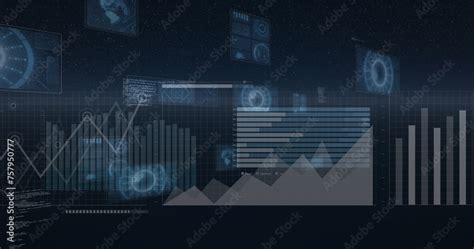Image Of Graphs World Map And Data Processing On Dark Interface