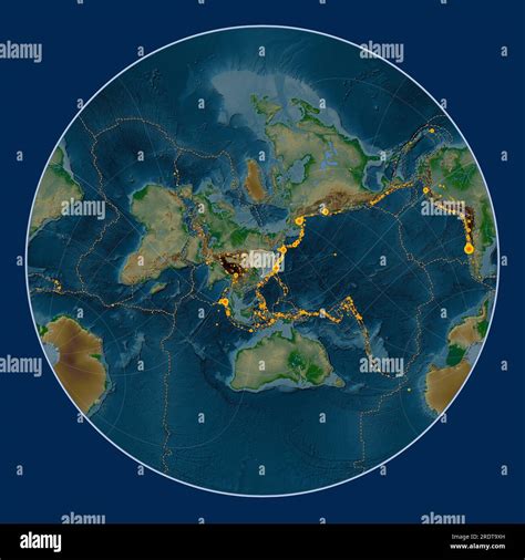 Amur Tectonic Plate On The Physical Elevation Map In The Lagrange Oblique Projection Centered