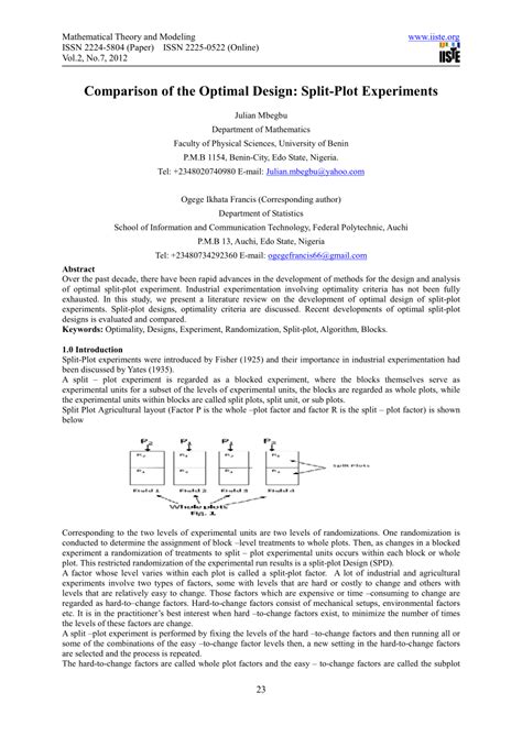 pdf comparison of the optimal design split plot experiments