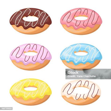 하얀 바탕에 화려한 글레이즈드 도넛이 놓여 있다 달콤한 생일 과자를 설정하십시오 과자 디저트 메뉴 디자인 카페 장식 배달 상자 플랫 스타일의 벡터 그림 갈색에 대한 스톡