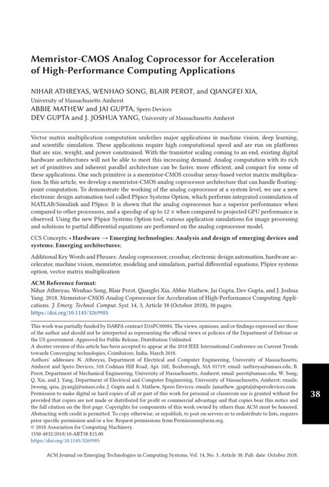 Pdf Memristor Cmos Analog Coprocessor For Acceleration Of High Performance Computing Applications
