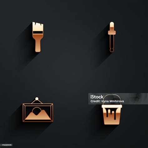 페인트 브러시 스포이드 색상 선택기 팔레트 그림 풍경 및 긴 그림자가 있는 버킷 아이콘을 설정합니다 벡터 그림자에 대한 스톡 벡터 아트 및 기타 이미지 Istock