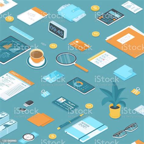 직장 데스크톱 배경 테이블 많은 사무용품 문서 태블릿 폴더 지갑 전화 신용 카드 화분 등의 최고 보기 비즈니스 배경 조직 이소메트릭 3d 벡터 3차원 형태에 대한 스톡 벡터