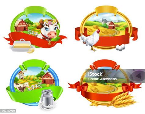 농장입니다 레이블 설정입니다 암소와 우유 버터 닭 및 계란 빵 파스타 포장에 대 한 3 차원 벡터 라벨에 대한 스톡 벡터 아트 및 기타 이미지 Istock