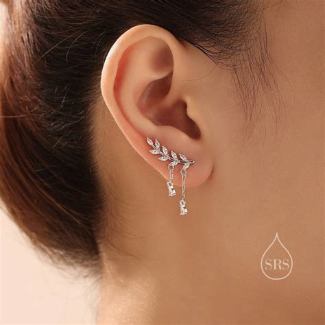 Cz Leaf Crawler Earrings With Dangle Chains By Silver Rain Silver