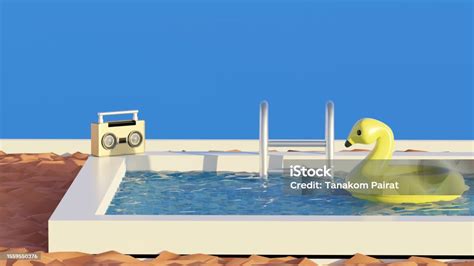여름 방학에 햇볕이 잘 드는 수영장의 측면 모습은 3d 렌더 디자인에서 간단한 개념으로 보인다 노란색 고무 오리 미니멀리스트 개념 0명에 대한 스톡 사진 및 기타 이미지