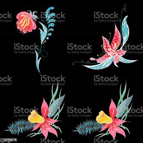 4 여름 다채로운 열대 꽃의 집합 검은 배경에 고립 된 꽃 식물 꽃 세트 손으로 그린 벡터 컬렉션입니다 식물 하와이 자연입니다 열대 야자수 아이콘입니다 하와이 일러스트