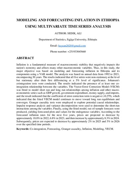 Pdf Modeling And Forecasting Inflation In Ethiopia Using Multivariate