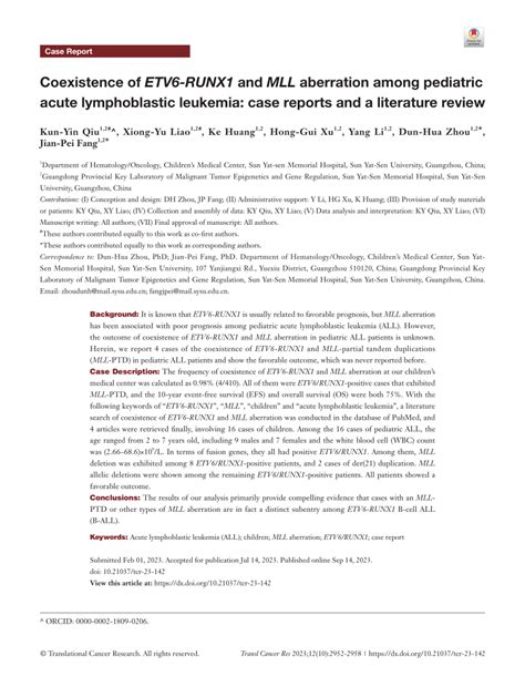 pdf coexistence of etv6 runx1 and mll aberration among pediatric