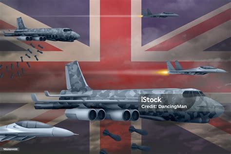영국 육군 공기 비행기 플래그 배경에 드롭 폭탄 3 차원 일러스트 레이 션 군사에 대한 스톡 사진 및 기타 이미지 Istock