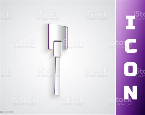 회색 배경에 격리 된 주걱 아이콘을 잘라 용지 부엌 주걱 아이콘 바베큐 주걱 기호 바베큐 및 그릴 도구 종이 아트 스타일 벡터 3차원 형태에 대한 스톡 벡터 아트 및 기타