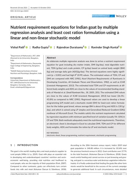 Pdf Nutrient Requirement Equations For Indian Goat By Multiple