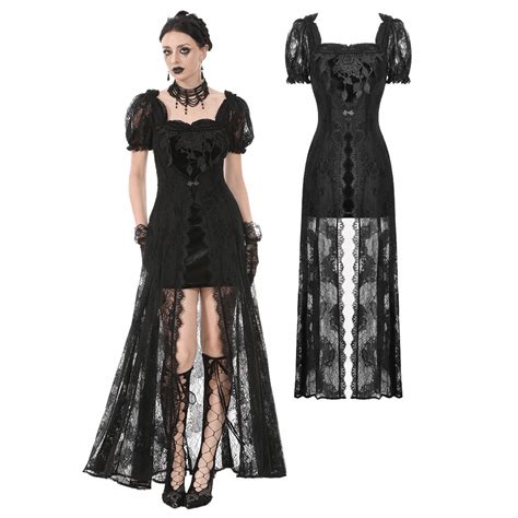 Gothic Black Lace Puff Sleeve Long Maxi Dress