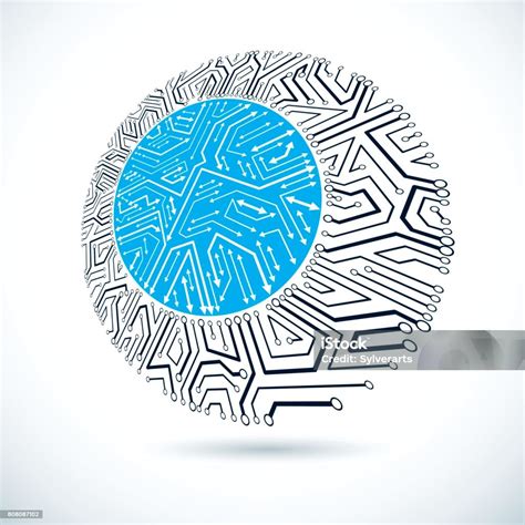 벡터 기술 장치의 전자 부품 회로 보드 라운드 컴퓨터 마더보드 자동 제어 추상화 0명에 대한 스톡 벡터 아트 및 기타 이미지