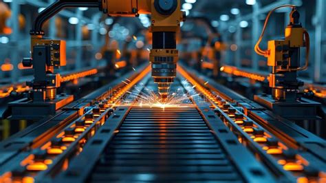 Automated Welding Arm On Factory Assembly Line For Vehicle Production
