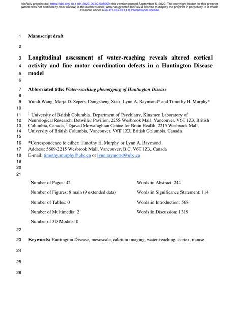 Pdf Longitudinal Assessment Of Water Reaching Reveals Altered Cortical Activity And Fine Motor