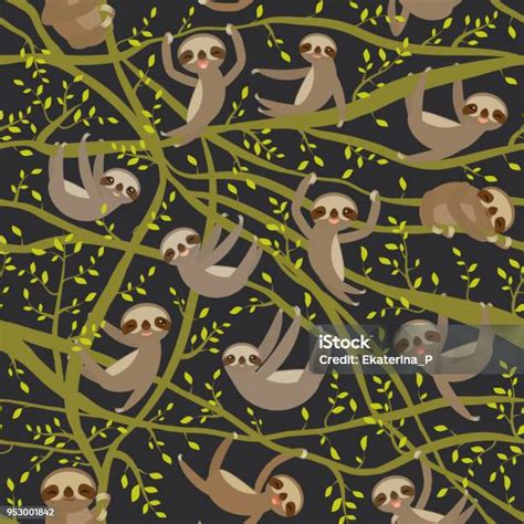 원활한 패턴 재 밌 고 귀여운 웃는 세 발가락 나무늘보 녹색 지점 트리 기 녹색 Darck 유행 배경에서 벡터 갈고리 발톱에 대한 스톡 벡터 아트 및 기타 이미지 Istock