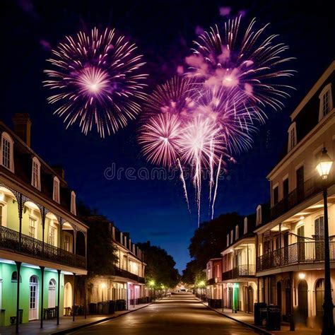 Bright Colorful Fireworks Bursting Over New Orleans French Quarter